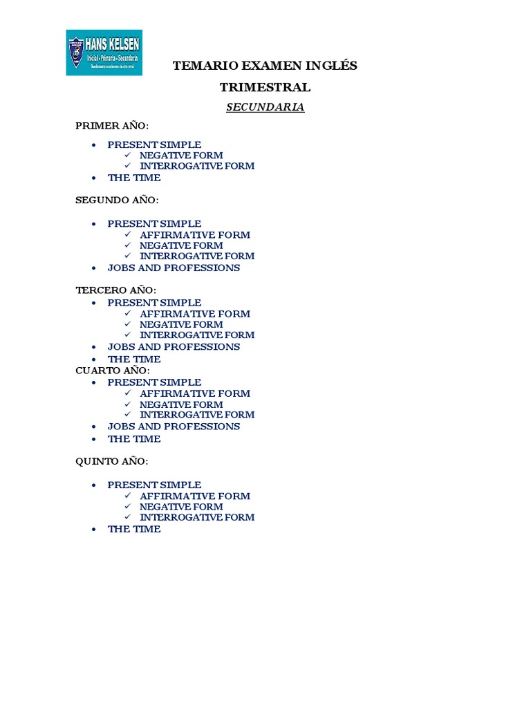 Temario Exámen Trimestral Inglés (Secundaria)Hans Kelsen | PDF
