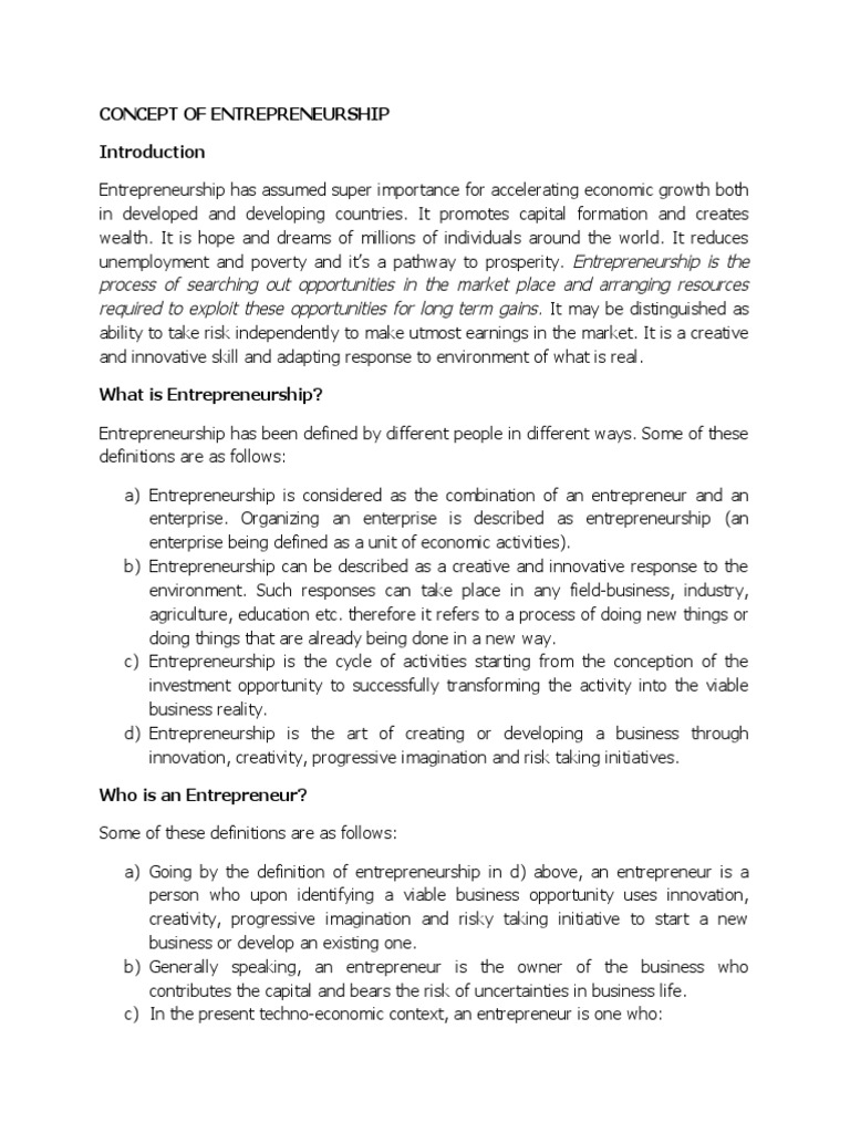 Concept of Entrepreneurship Class Notes 2 | PDF | Entrepreneurship ...