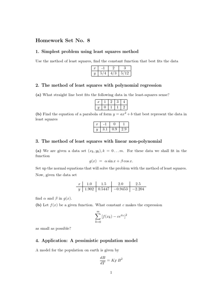 Homework Set No. 8: 1. Simplest Problem Using Least Squares Method ...