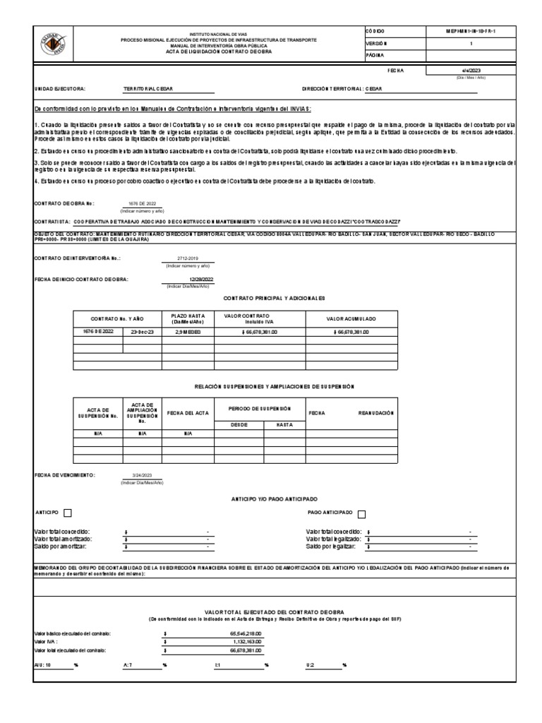 Mepi Mn1 in 18 Fr 1 Acta Liquidacion Obra Cootracodazzi | PDF ...