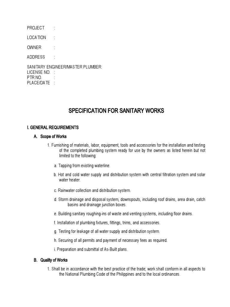 Sanitary Works Project Specifications | PDF | Plumbing | Valve