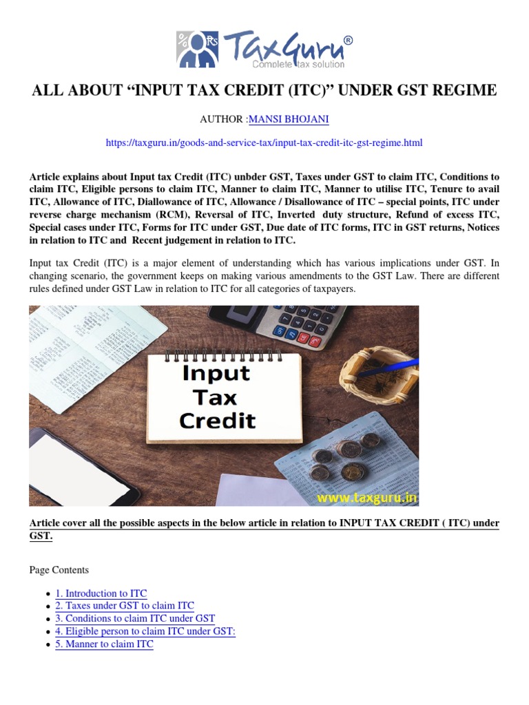 INPUT TAX CREDIT (ITC) " Under GST Regime - Taxguru - in | PDF | Value Added Tax | Taxes