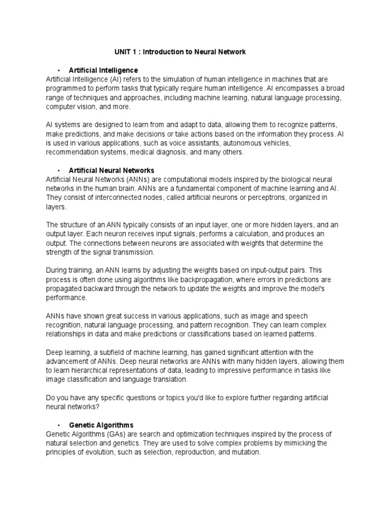 Unit 1 Introduction To Neural Networks Pdf Artificial Neural Network Genetic Algorithm