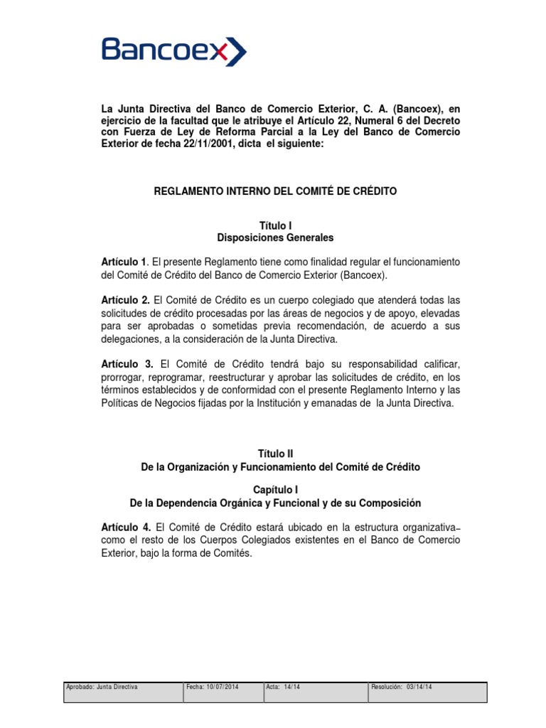 Reglamento Interno Del Comité de Crédito | PDF | Regulación | Bancos