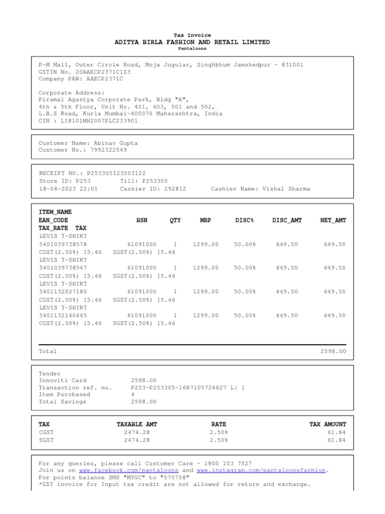 Tax Invoice for Levis T-Shirts Purchase | PDF | Invoice | Taxes