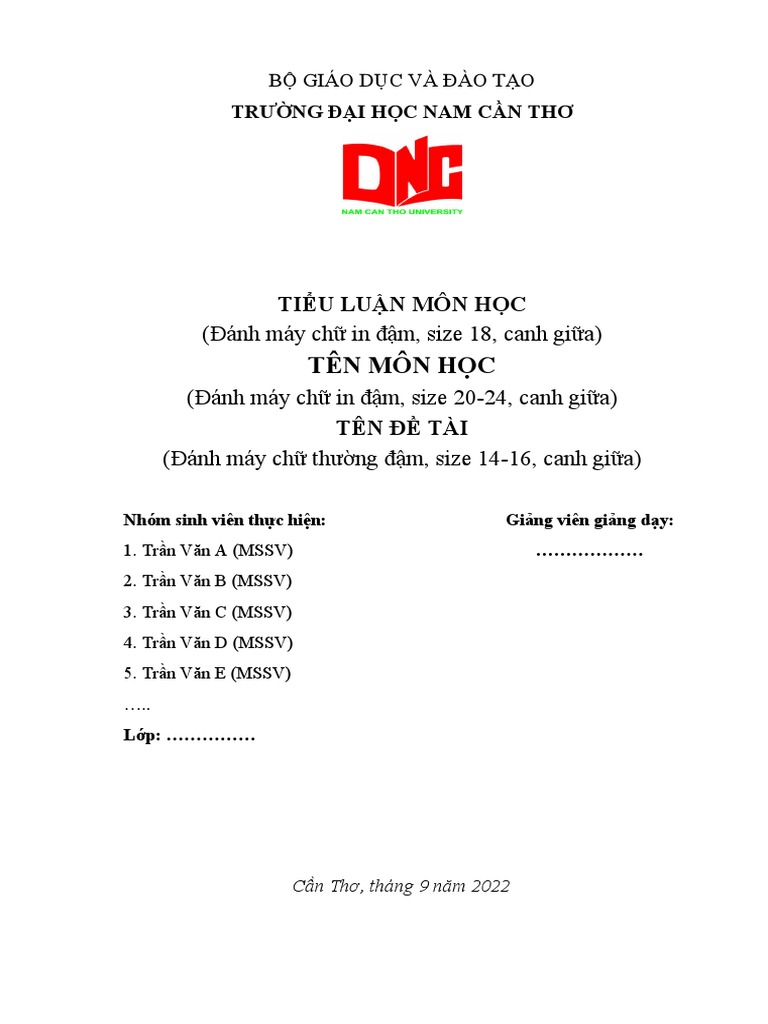 DNC Mau Bia Tieuluan Monhoc 2022 | PDF