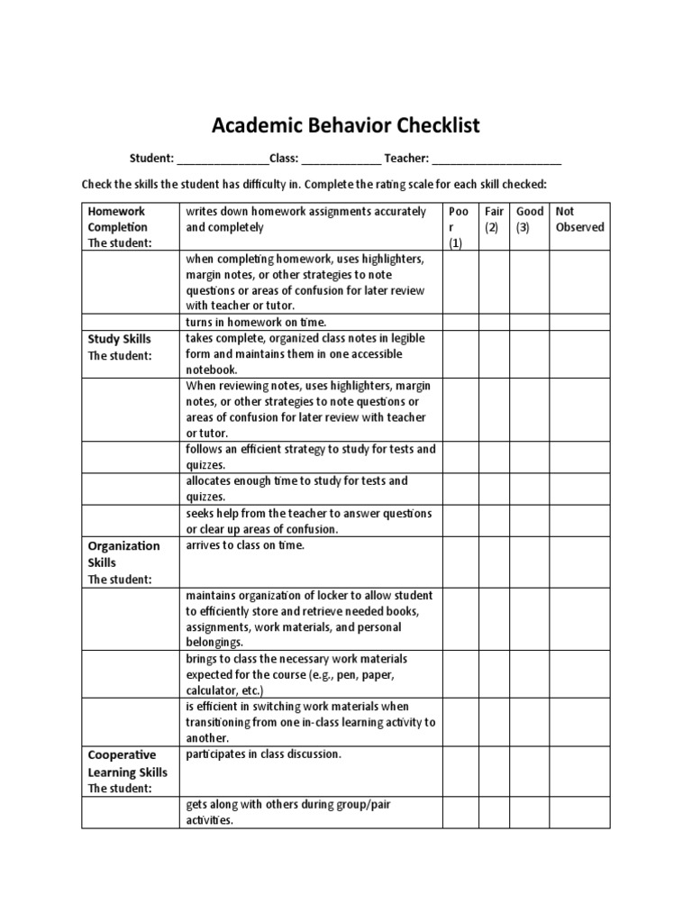 Academic Behavior Checklist | Download Free PDF | Motivational | Motivation