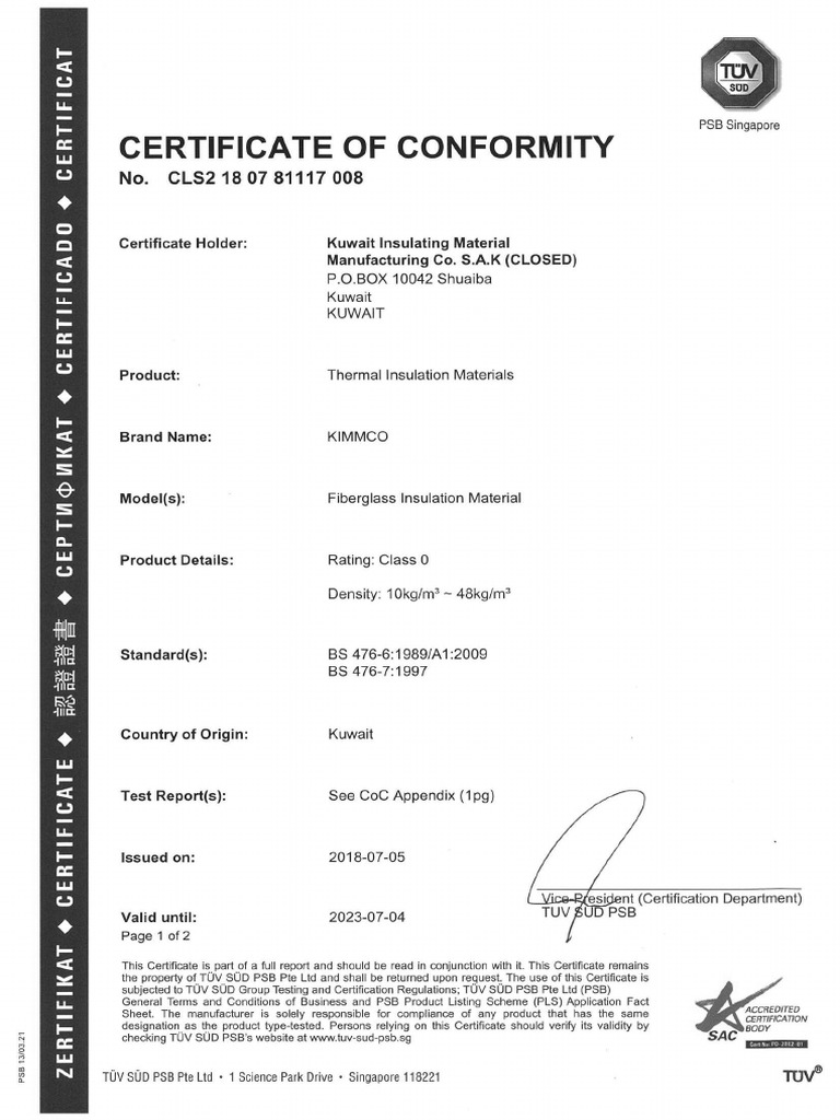 Certificate of Conformity - KIMMCO Fiberglass Insulation | PDF
