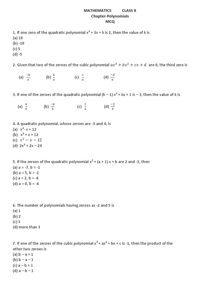 MCQ CH - 2 | PDF | Zero Of A Function | Polynomial