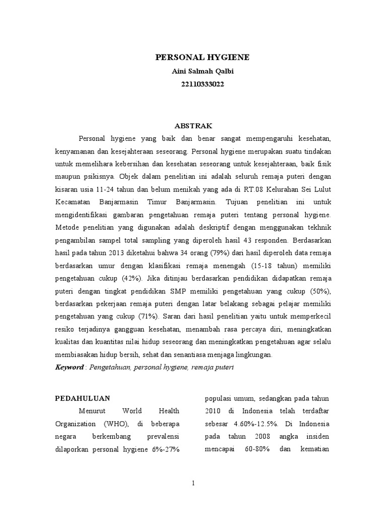 Artikel Personal Hygiene Oleh Aini Salmah Qalbi | PDF