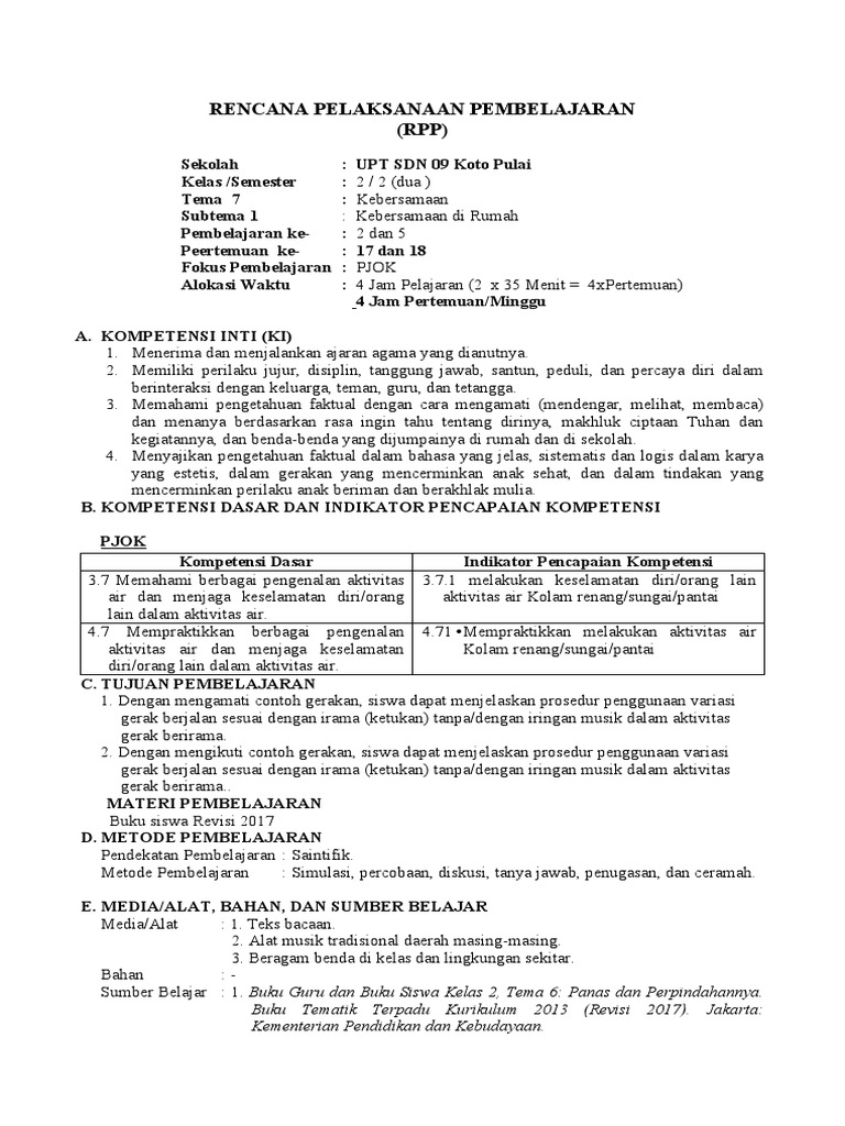 RPP Pjok Kelas 2 Tema 7 k13-1 | PDF | Karier & Perkembangan
