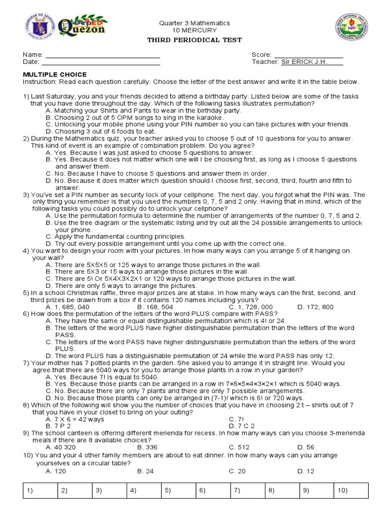 Grade 10 Math Q3 Periodical Test | PDF | Mathematics | Permutation