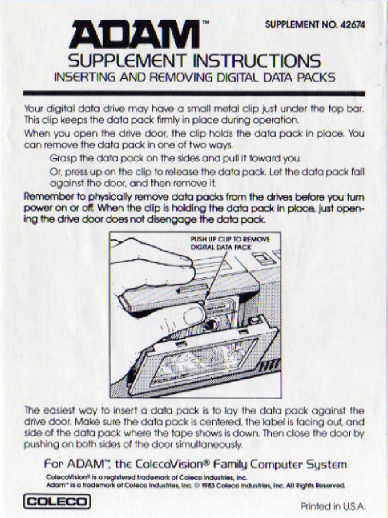 ADAM Supplement Instructions 1983 Coleco | PDF