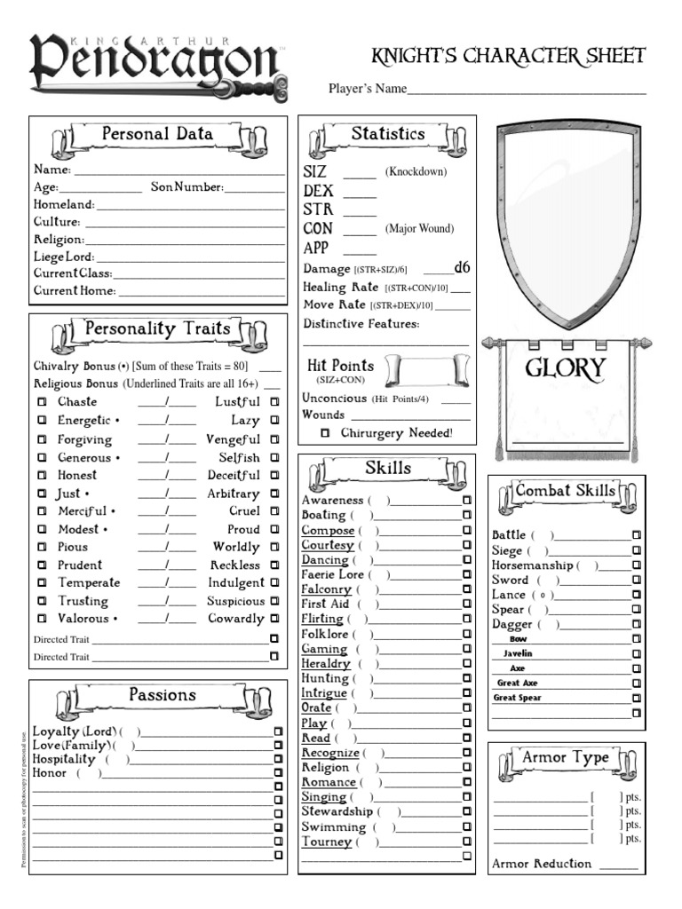 Pendragon Character Sheet | PDF