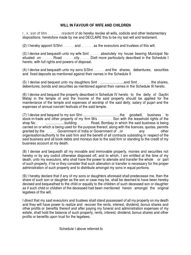 Format of Will in Favour of Wife and Children | PDF | Will And ...
