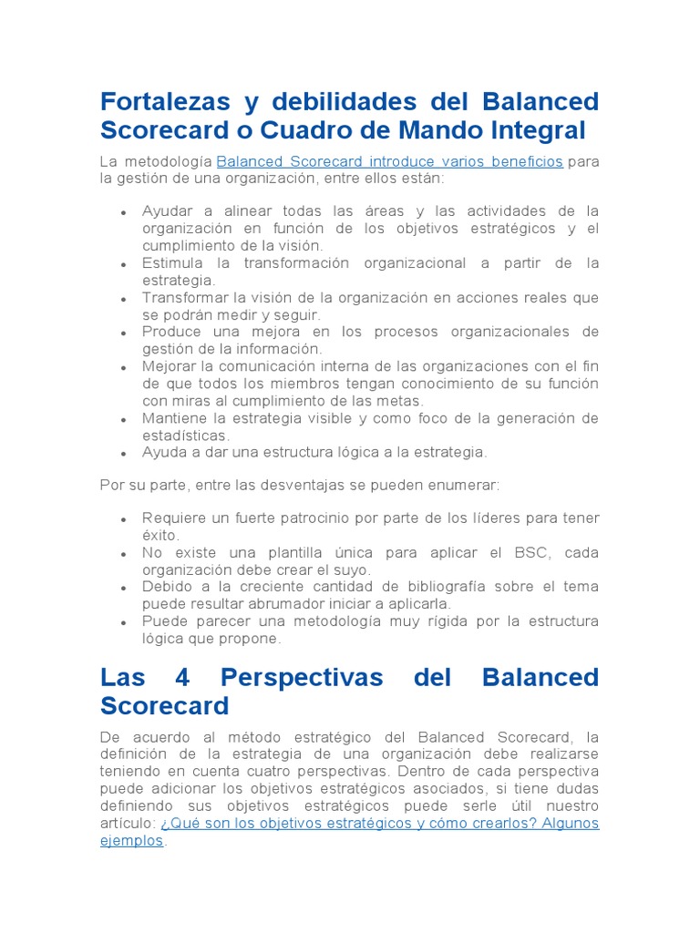 Fortalezas y Debilidades Del Balanced Scorecard o Cuadro de Mando ...