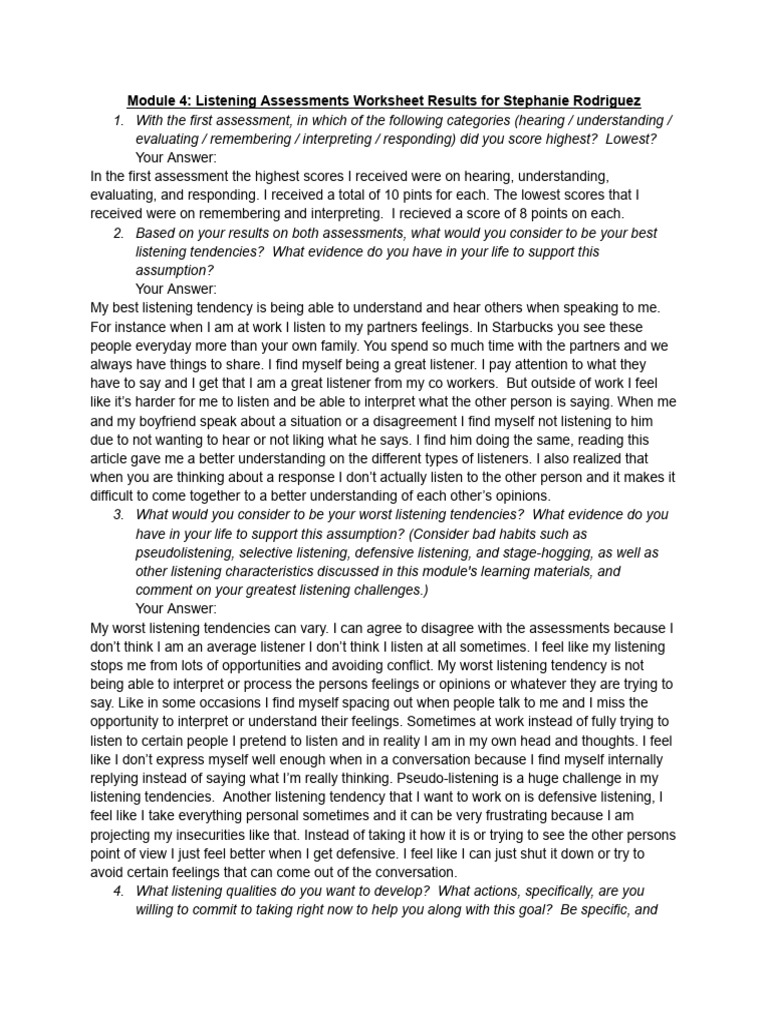 Listening Assessment Insights for Stephanie | PDF | Thought | Conversation
