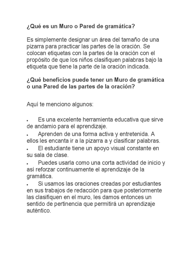 Muro o Pared de Gramática | PDF | Parte del discurso | Oración ...