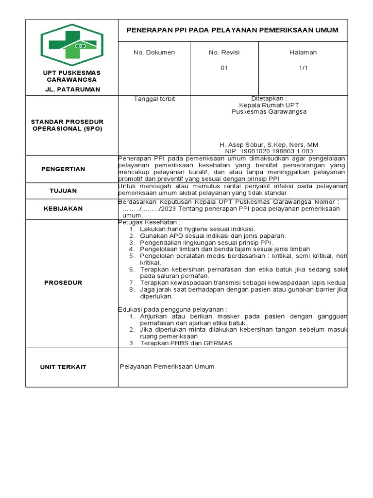SPO PENERAPAN PPI PADA PELAYANAN PEMERIKSAAN UMUM (BP) | PDF