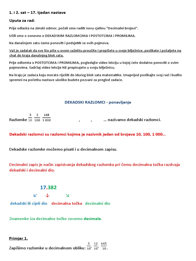 I 2. Sat - Dekadski Razlomci - Ponavljanje | PDF