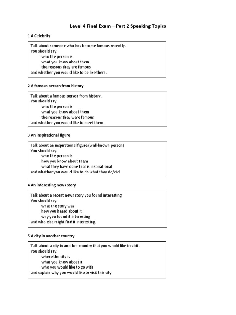 Speaking Part 2 Topics - Final | PDF | Tourism