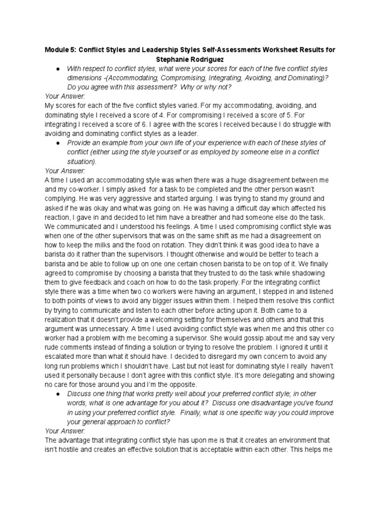 Module 5 Conflict Styles and Leadership Styles Self-Assessments ...