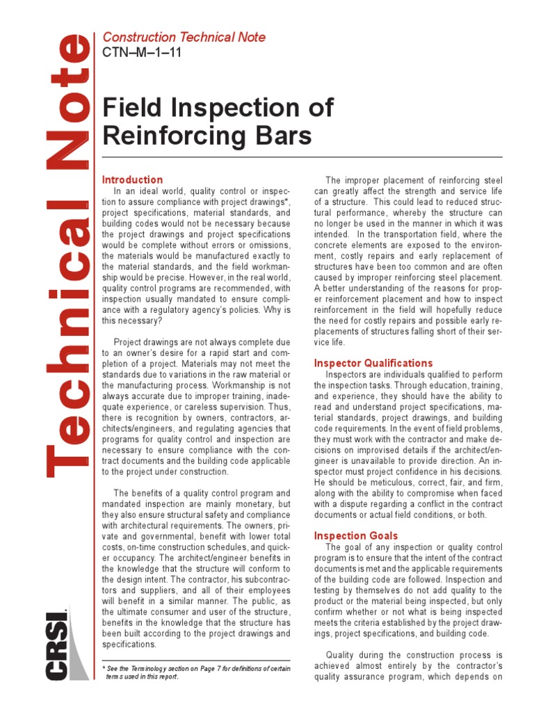CTN-M-1-11 Field Inspection of Reinforcing Bars | PDF | Specification ...
