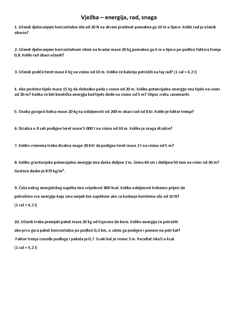 Vježba - Energija, Rad, Snaga | PDF