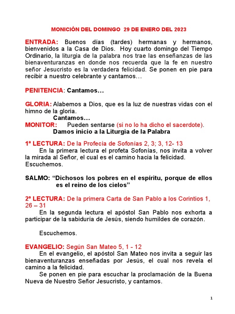 Monición Domingo 29 de Enero 2023 | PDF | Misa (liturgia) | eucaristía