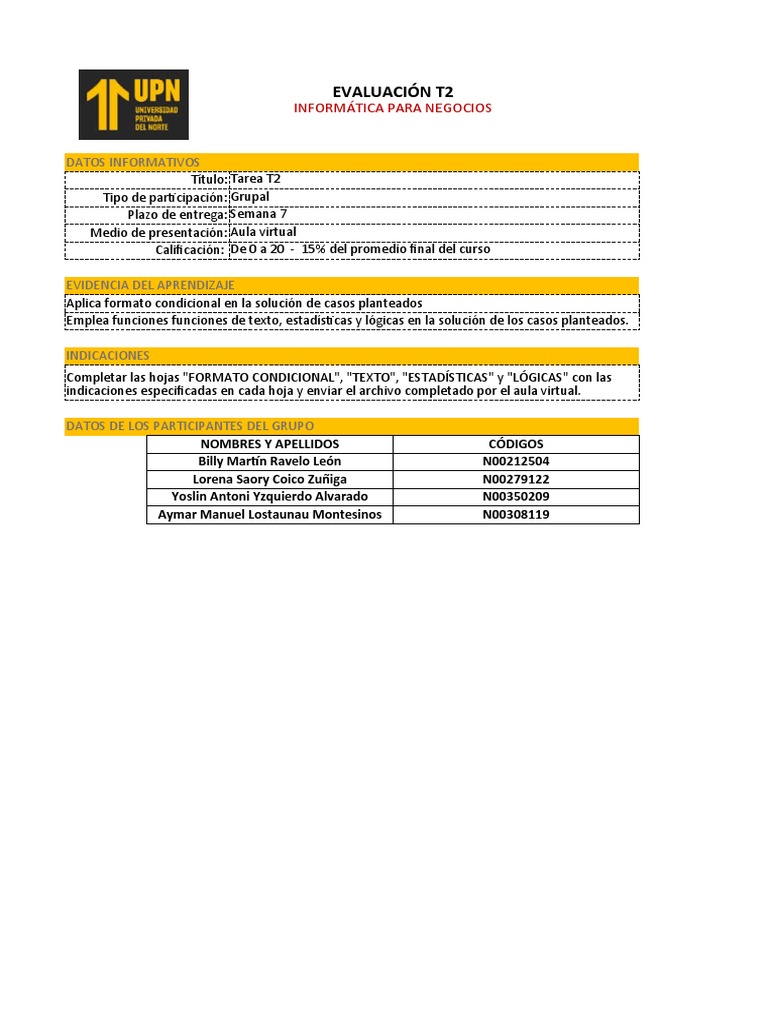 Tarea T2: Formato y Funciones Excel | PDF | Computadoras móviles | Science