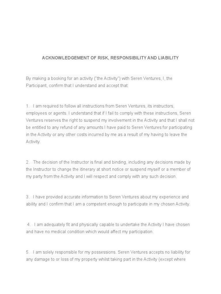 Activity Risk Acknowledgement Form | PDF | Legal Liability | Negligence