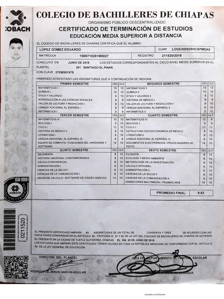 Certificado de Bachillerato y Constancia de Estudio .Eduardo Lopez ...