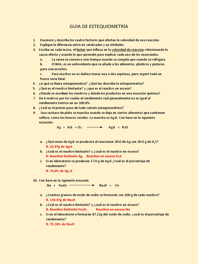 Guía de Estequiometría y Reacciones | PDF | Estequiometría | Procesos ...
