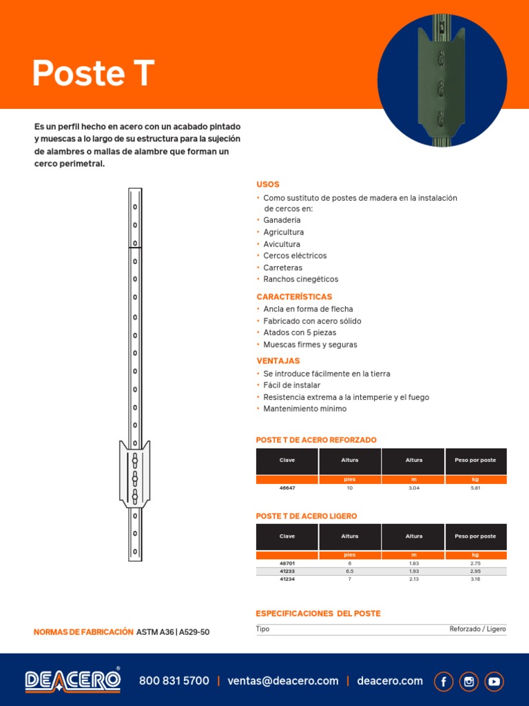 Poste T Deacero Ficha Tecnica | PDF | Materiales de construcción ...