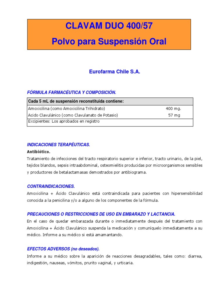 FICHA TECNICA Clavam Duo 400 57 Polvo para Susp Oral | PDF | Penicilina ...