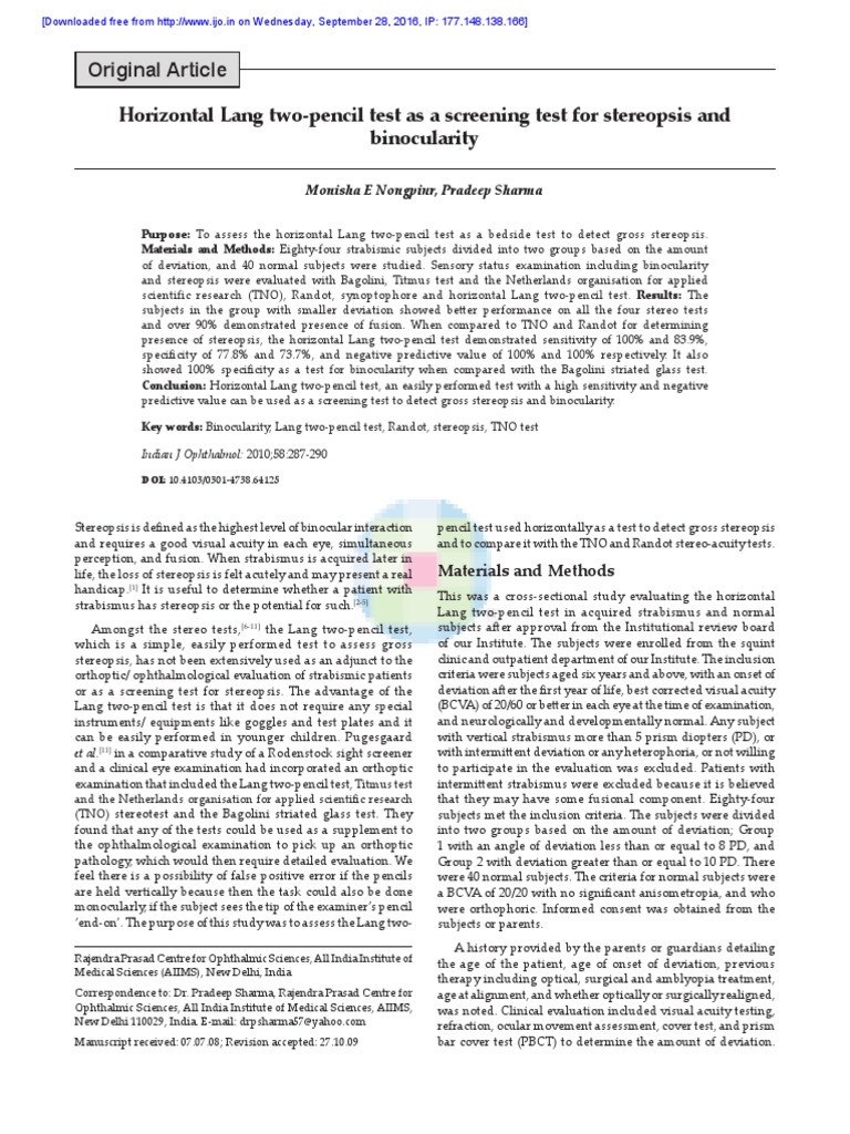 Horizontal Lang Two Pencil Test As A Screening Test For Stereopsis and ...