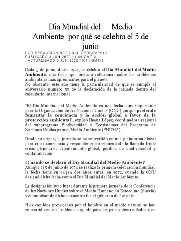 Dia Mundial Del Medio Ambiente | PDF | Programa del Medio Ambiente de ...
