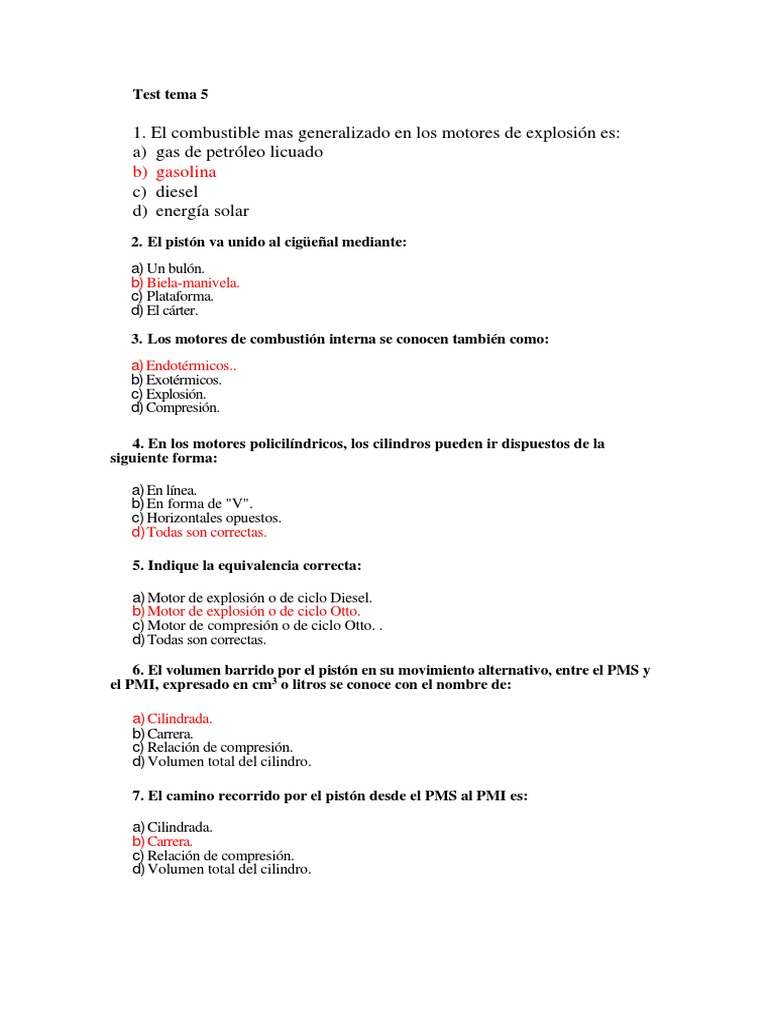 Celador Conductor Test Tema 5 | PDF | Motor de combustión interna | Pistón