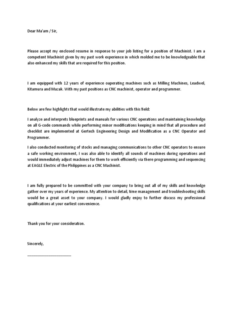CoverLetter For Machinist | PDF