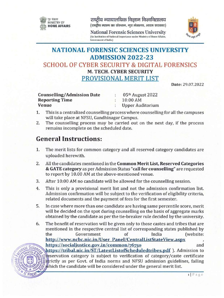 First ML - M.Tech Cyber Security - Merit List - 290722 | PDF