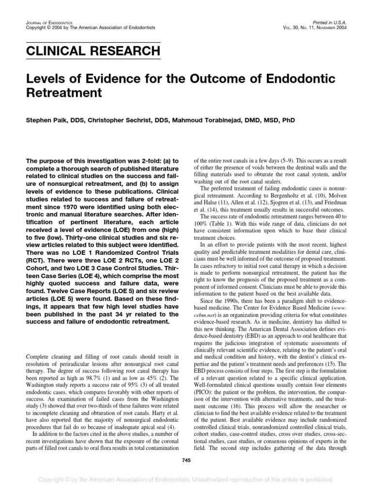 Levels of EVIDENCE FOR The Outcome of Endodontic Retreatment | PDF ...