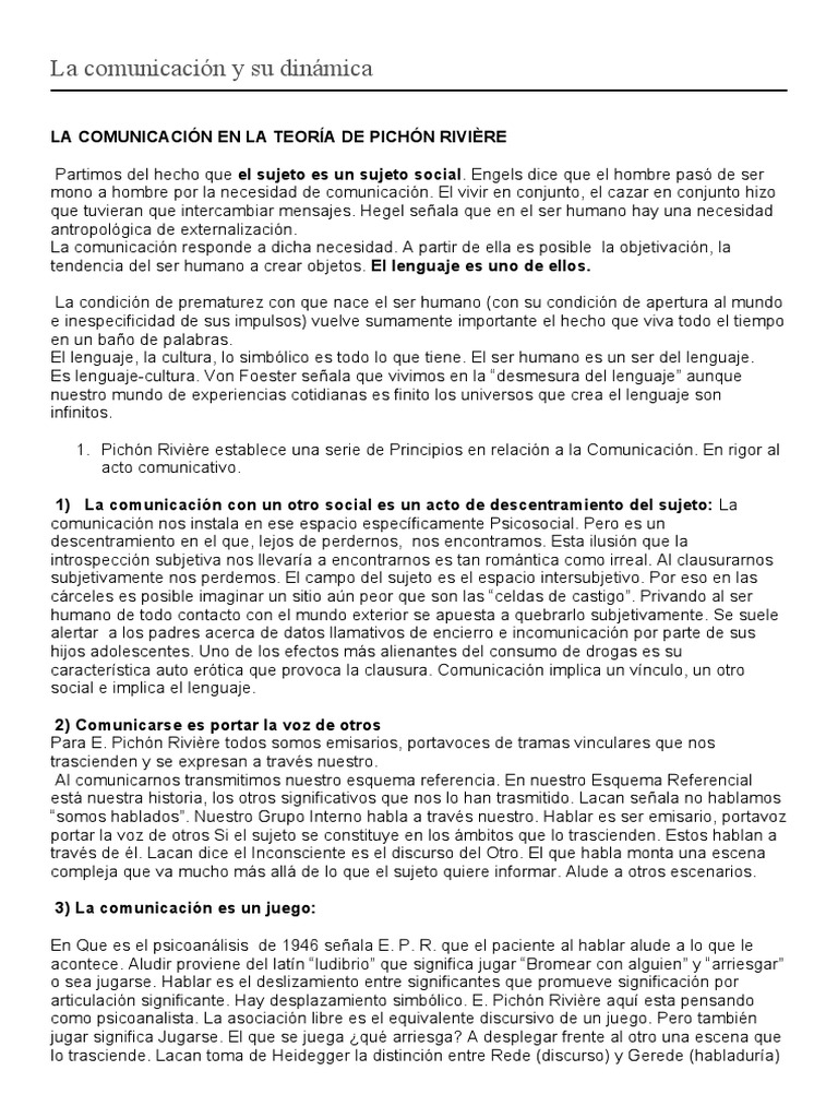 Principios de Comunicación de Pichón Rivière | PDF | Comunicación | Verdad