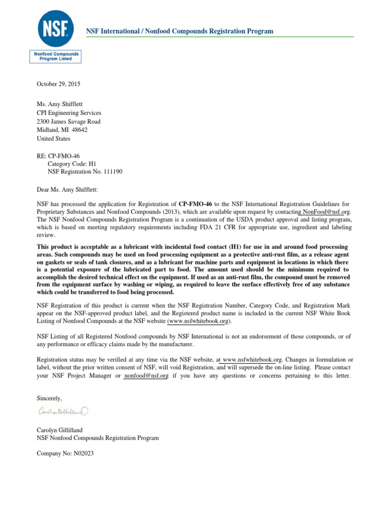 NSF Registration for CP-FMO-46 Lubricant | PDF