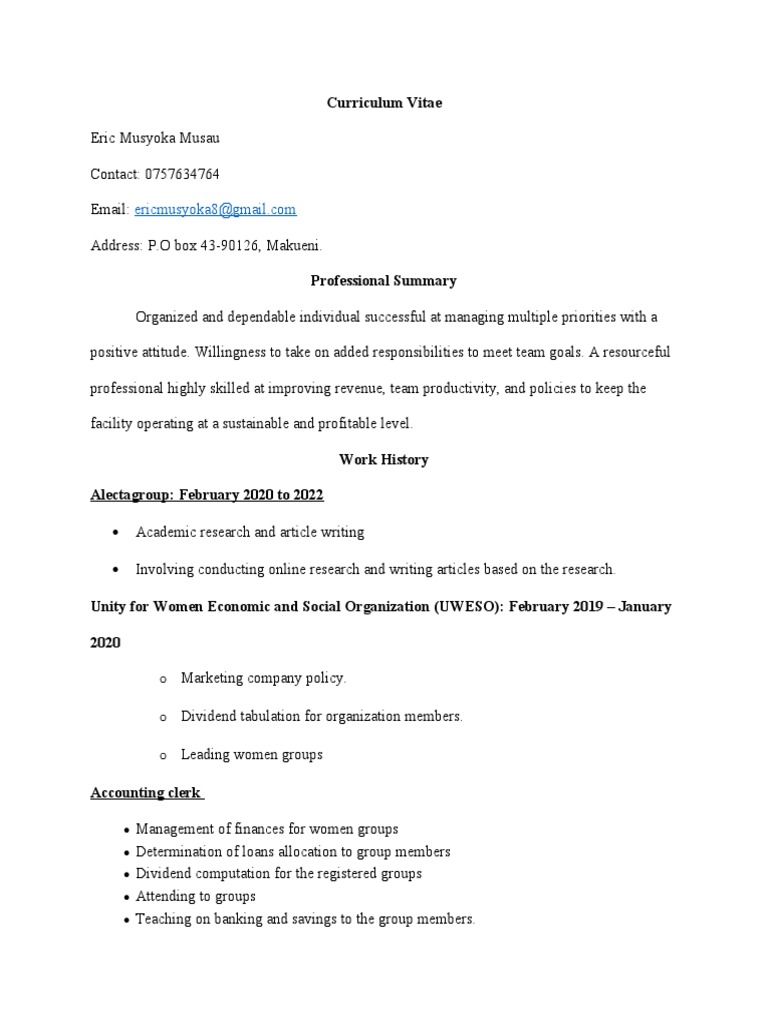 Eric Musyoka Musau's CV and Skills | PDF