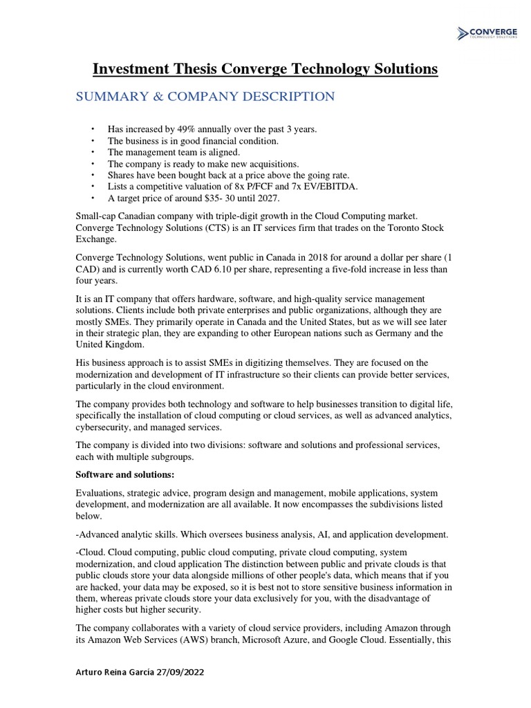 Investment Thesis Converge Technology Solutions | PDF | Cloud Computing | Computer Security