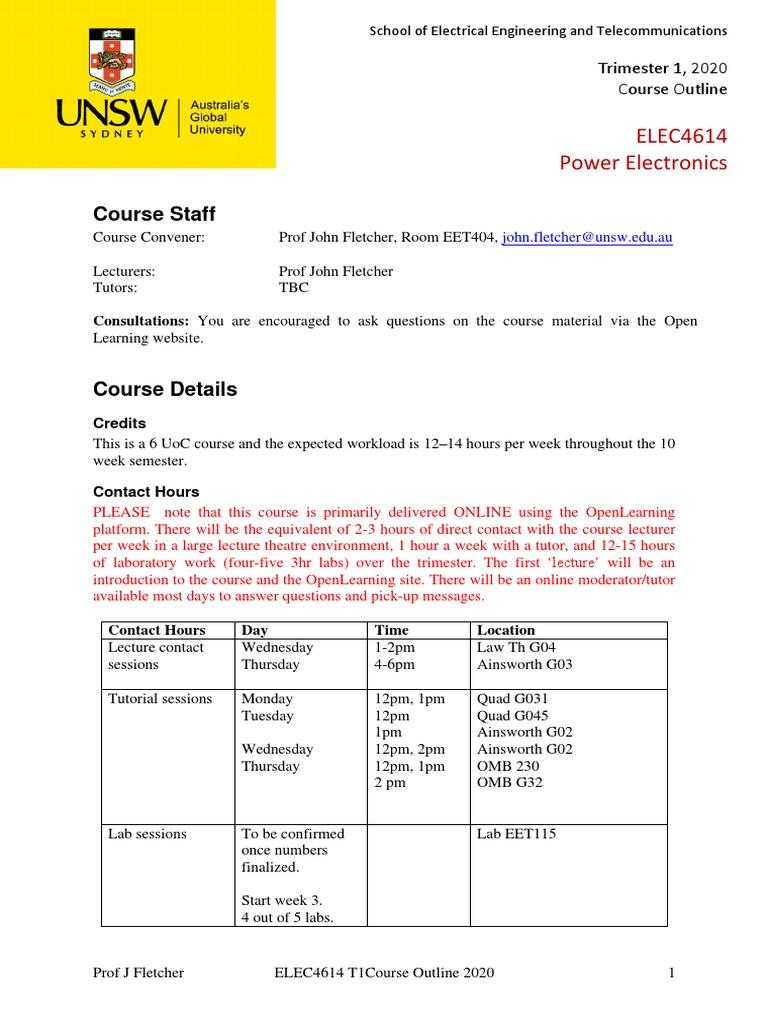 2021 10 ELEC4614 T1 2020 Course Outline | PDF | Power Inverter | Power Electronics