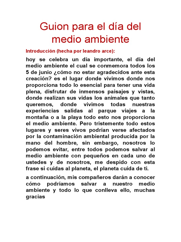 Guion para el Día del Medio Ambiente | PDF | Ciencia y matemáticas ...