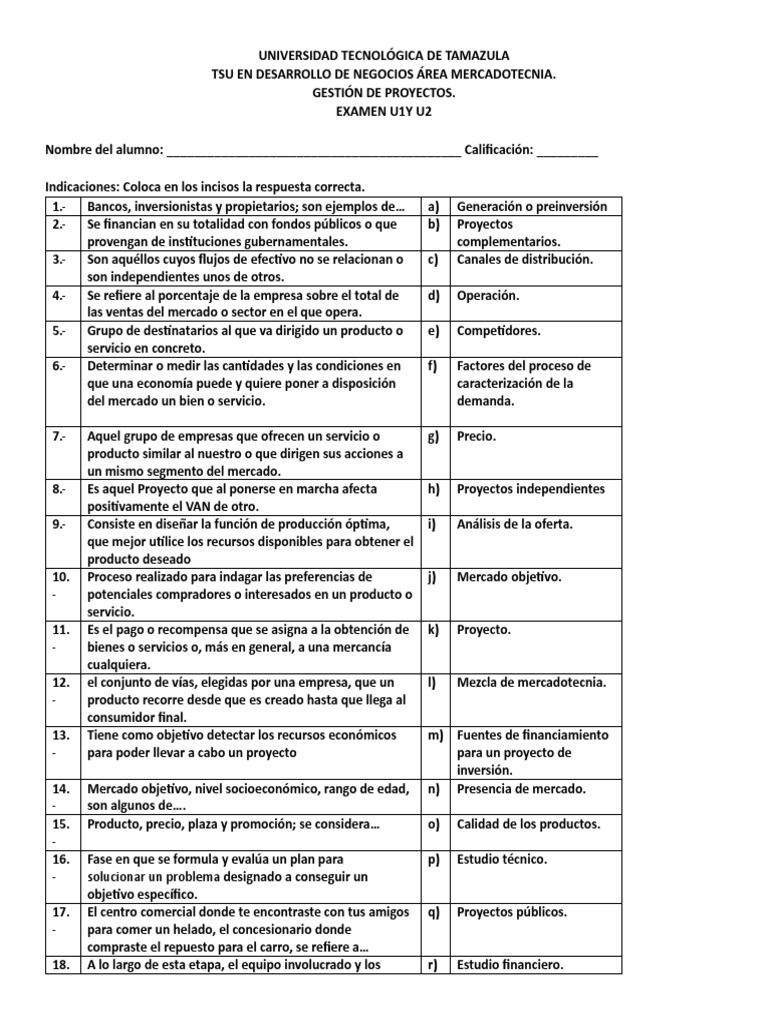 examen u1 y u2 gestion de proyectos | PDF | Mercado (economía) | Producto (Negocio)