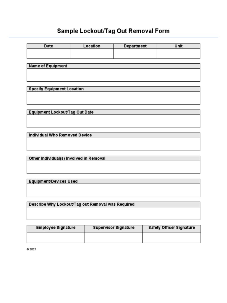 Sample Lockout Tag Out Removal Form | PDF