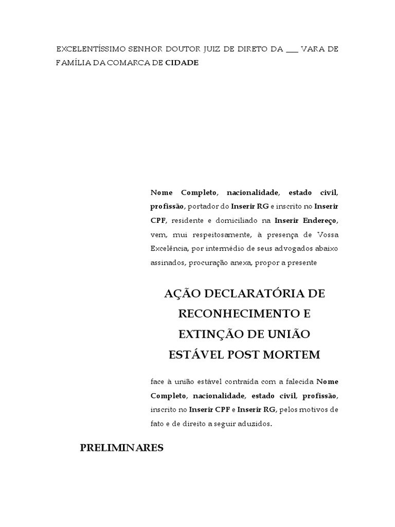 Inicial - Reconhecimento de Uniao Estavel - Post Mortem | PDF | União ...